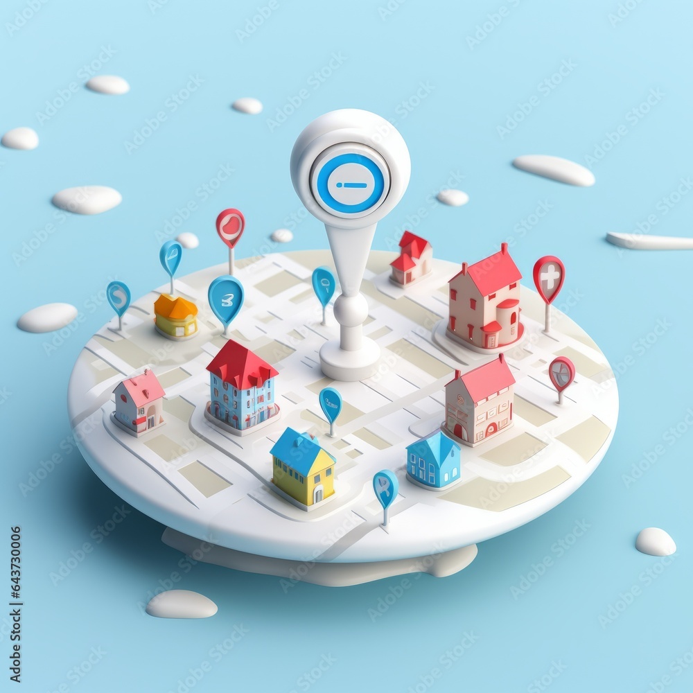 3D model map with geolocation, pins, streets, houses, rivers, in the ...