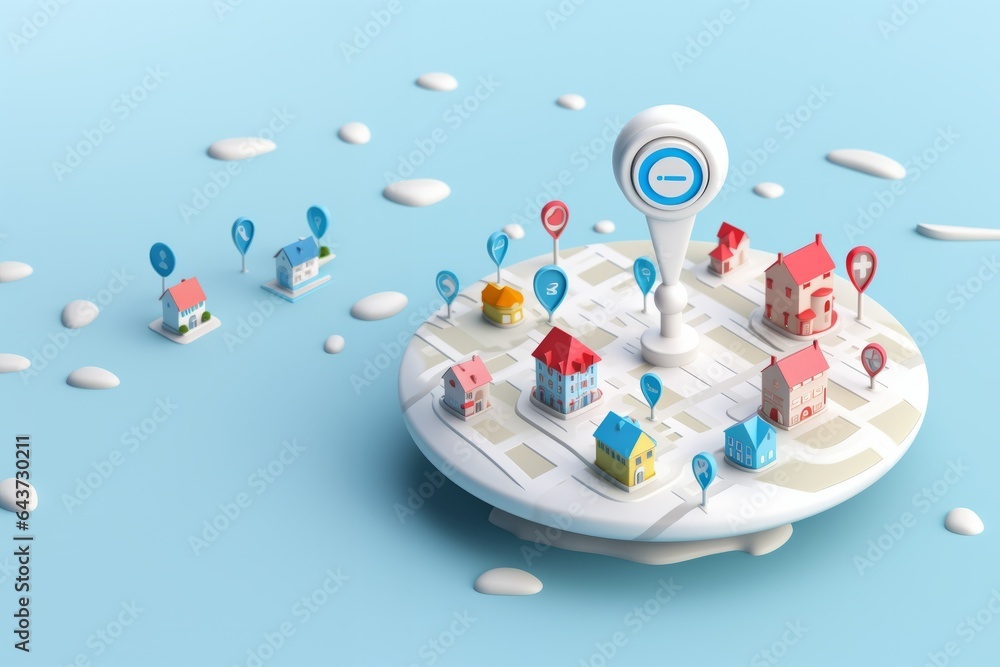 3D model map with geolocation, pins, streets, houses, rivers, in the ...