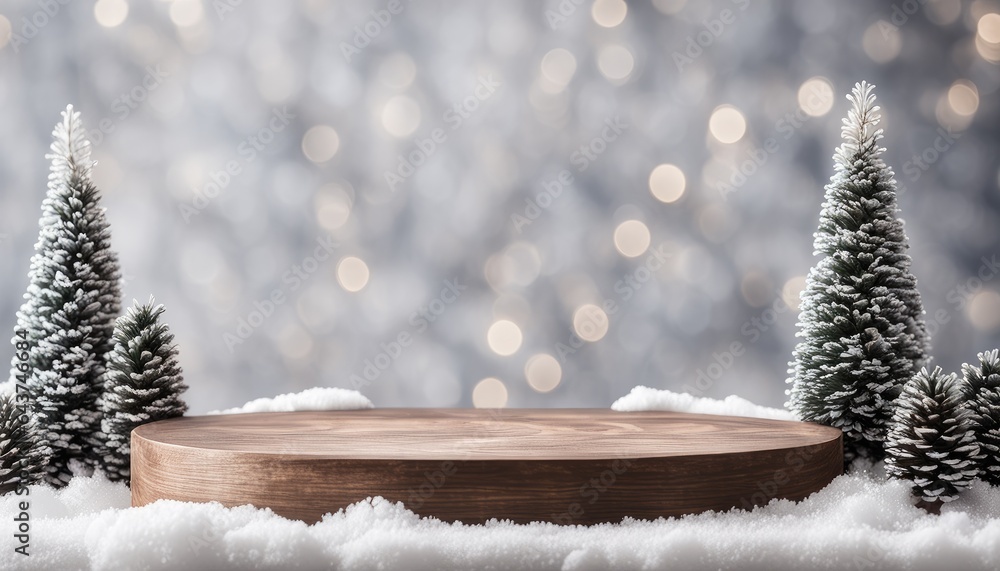 Empty Blank Wooden Podium Stand Platform Snow Winter Wonderland Scene ...