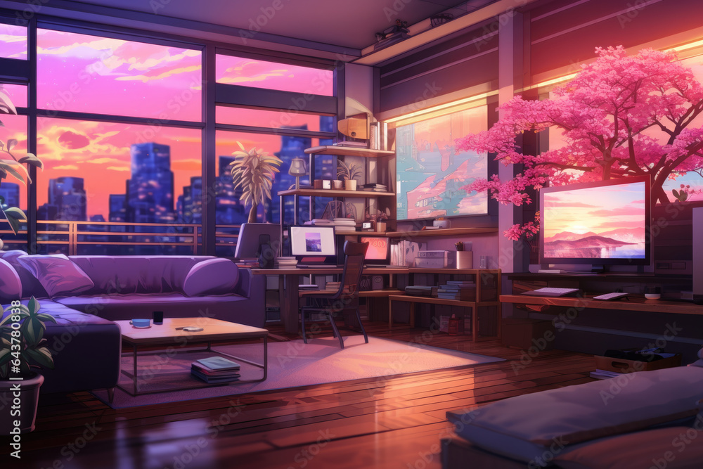 Modern living room with purple sofa, animated virtual backgrounds ...