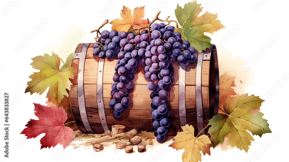 Watercolor grapes clusters, leaf and harvest in old barrel. Realistic ...