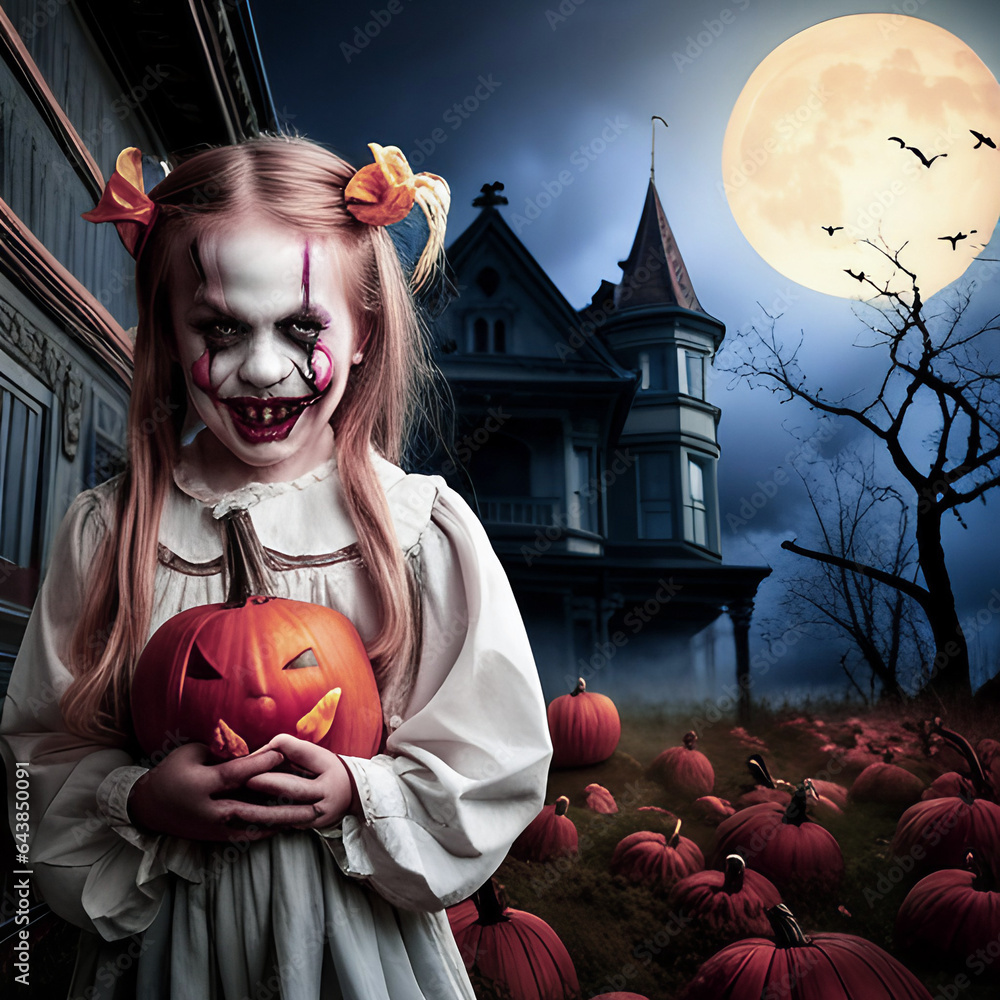 Scary evil little girl clown at night holding pumpkin with full moon ...