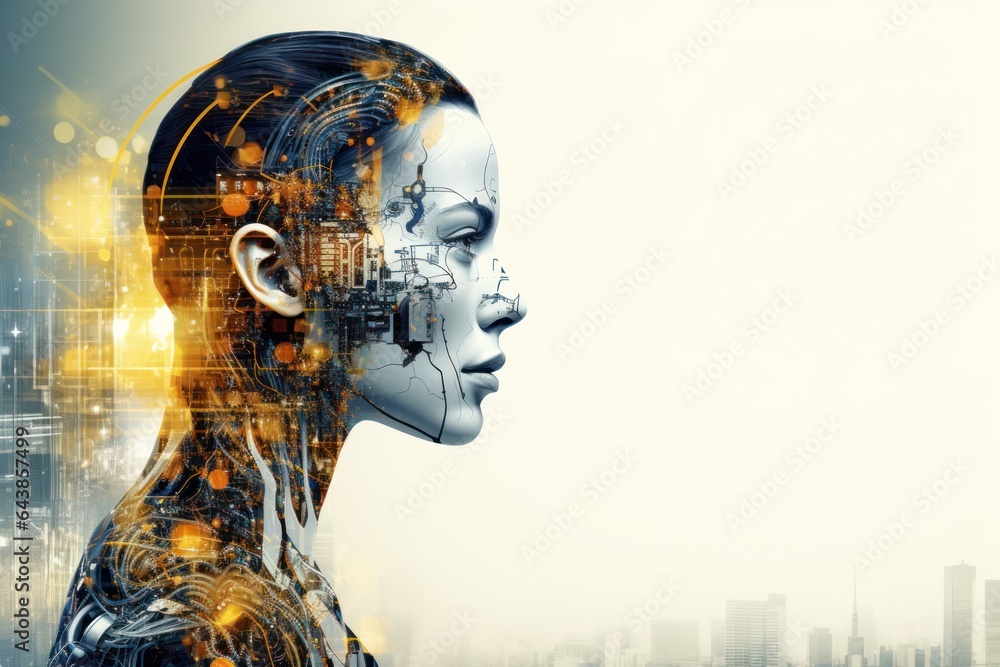 Android head, sleek, wires exposed, nodes visible—a seamless blend of ...