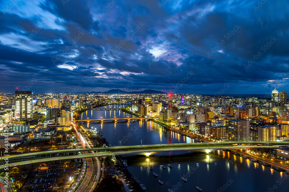 Historic Bandai Bridge and the beautiful night view along the Niigata ...