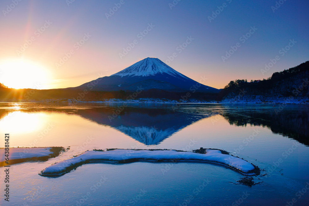 Fuji and Morning Sun and Lake Shojin, Japan,Yamanashi Prefecture ...