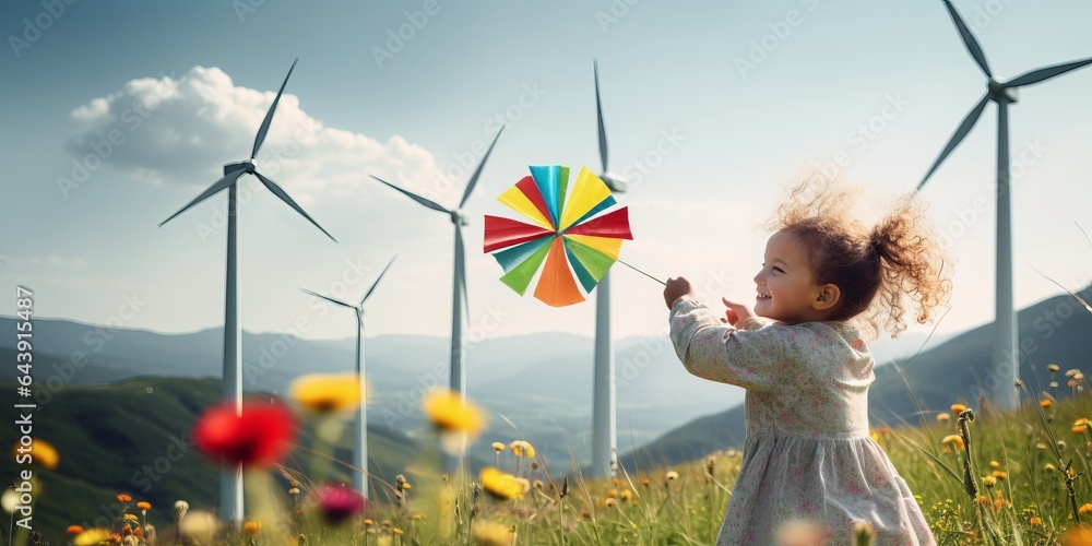 Child Running with a Colorful Pinwheel Amidst Wind Turbines. A Summer ...