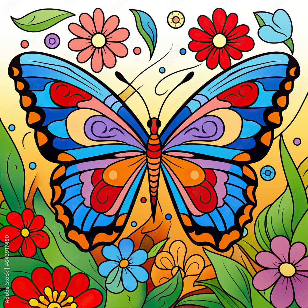 Colouring page for kids, a vibrant butterfly fluttering among colourful ...