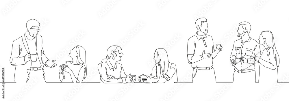Continuous one line drawing office workers take coffee breaks and ...