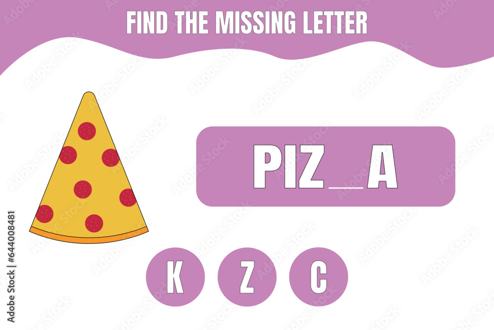 Find the missing letter. Pizza vector. Educational game for kids ...