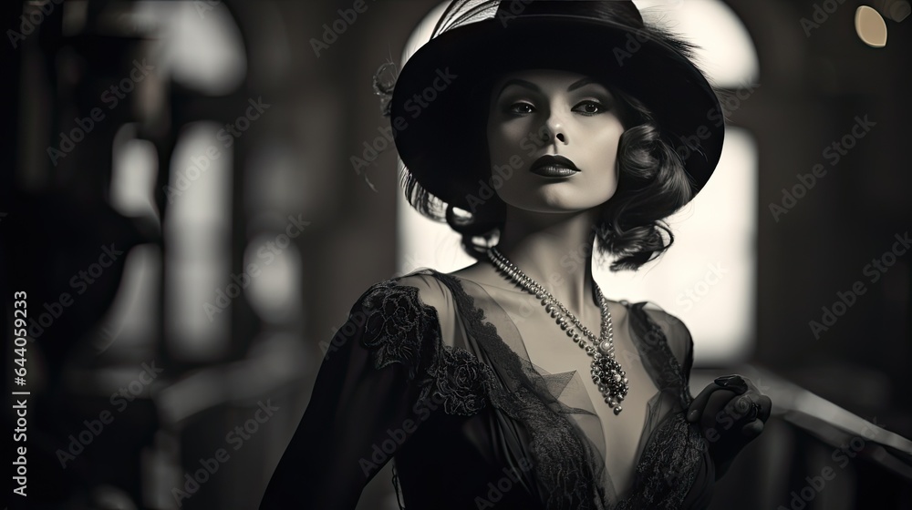 Model capturing the allure of the silent movie era, set in a black and ...