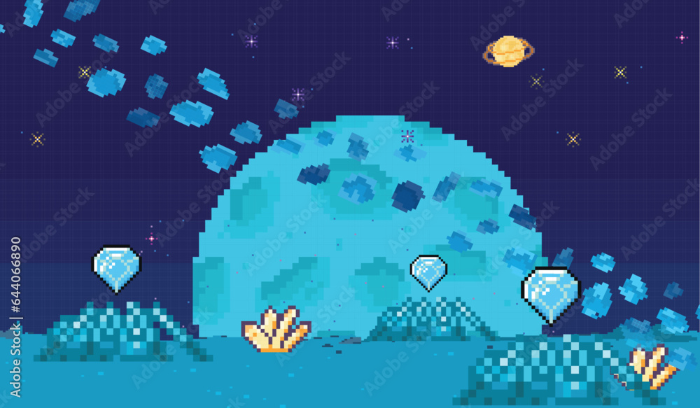 Space exploration illustration, fantasy alien landscape. Cartoon pixel ...