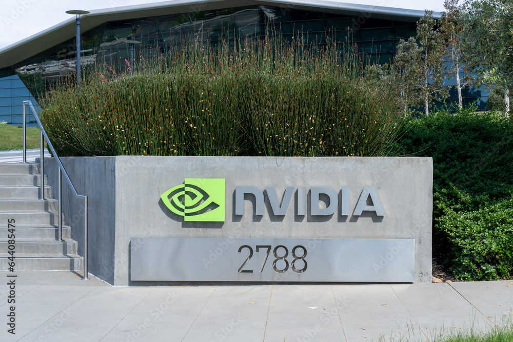 Close up of Nvidia logo and sign on the building at the headquarters in ...