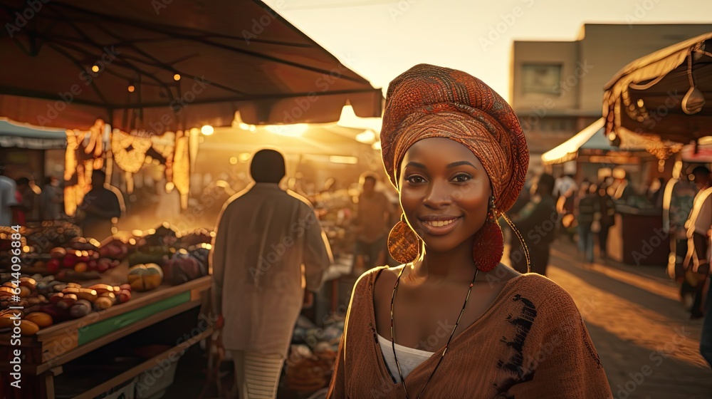 Model of African descent amidst a traditional African market, capturing ...
