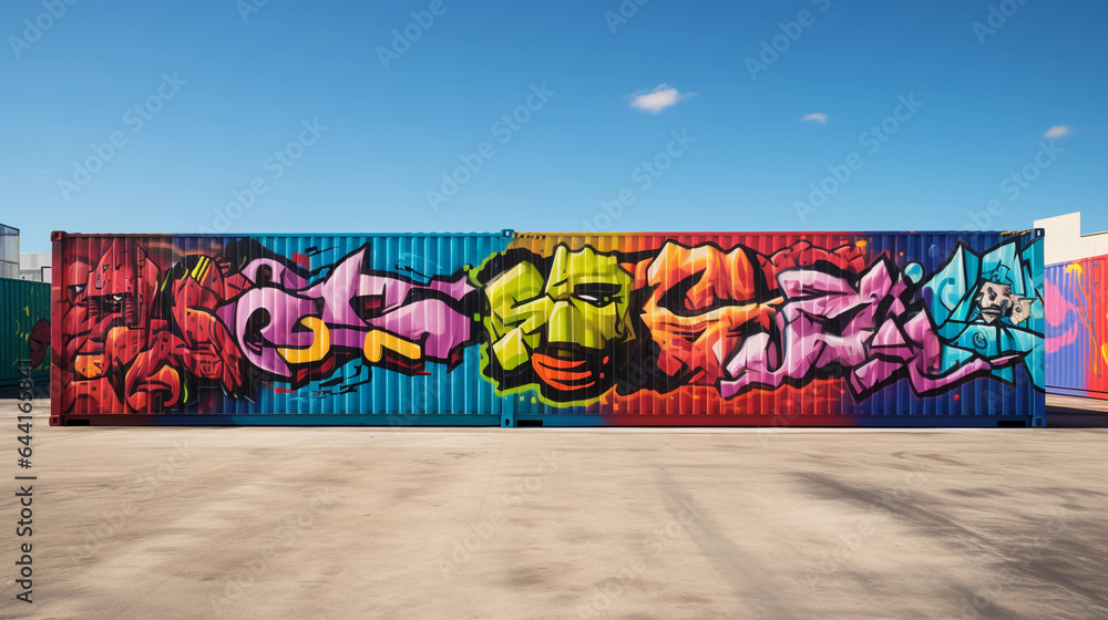graffiti across a line of multi - colored shipping containers ...