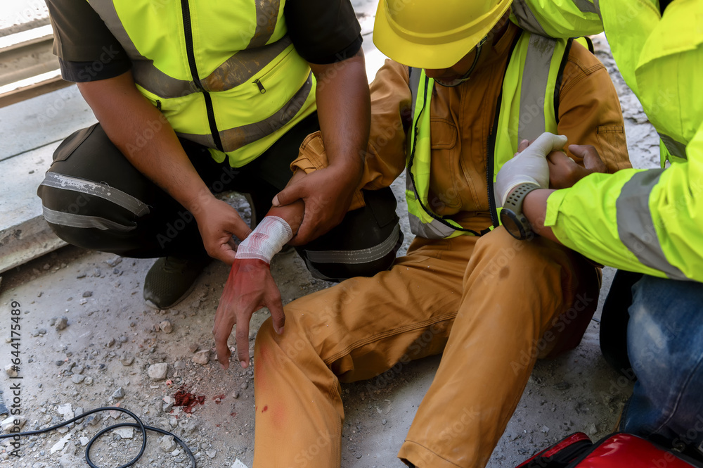 First aid team support to builder worker after hand injury bleeding ...