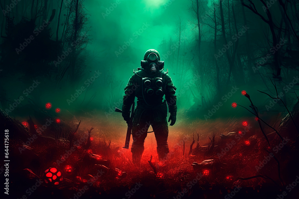 Doomsday. Ecological disaster. Nuclear explosion. A person wearing a ...