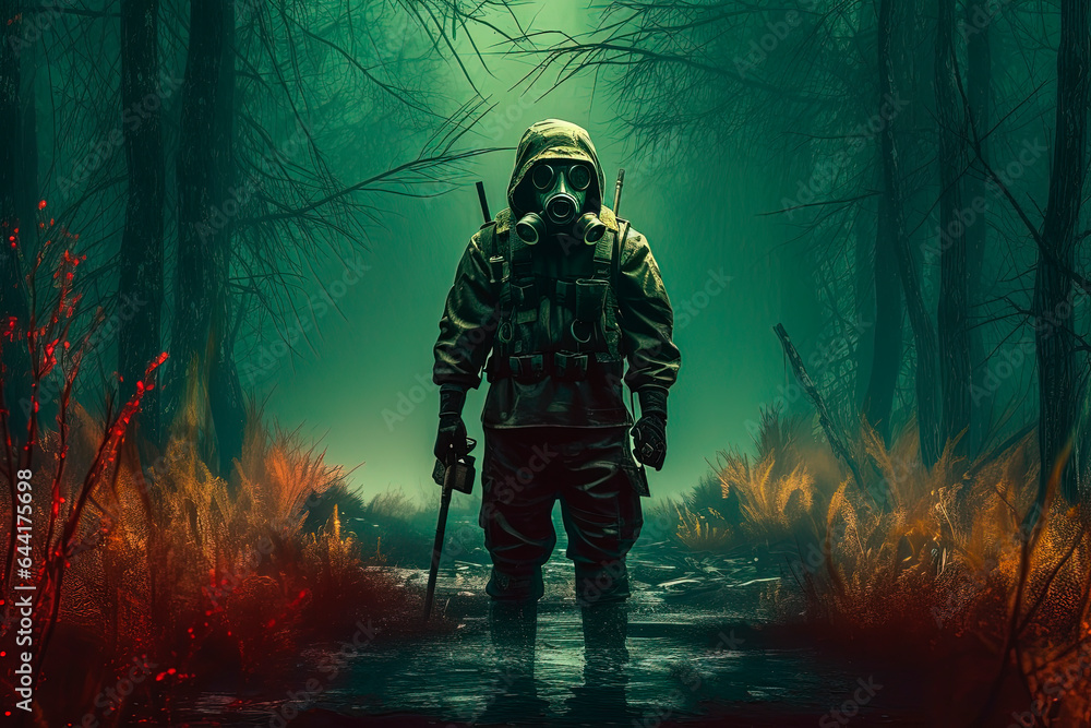 Doomsday. Ecological disaster. Nuclear explosion. A person wearing a ...