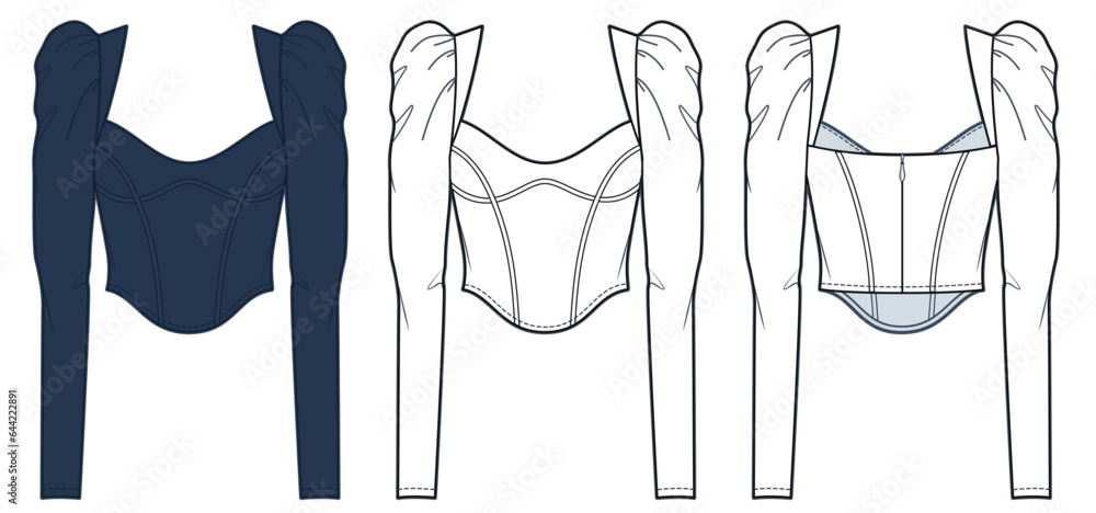 Corset Blouse technical fashion illustration. Crop Top fashion flat ...