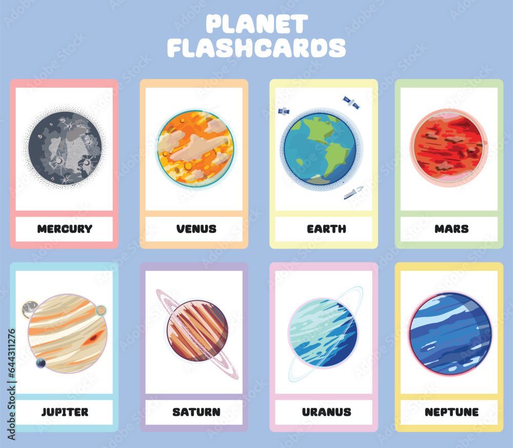 Set of planets flashcards for kids learning about planets, Mercury ...