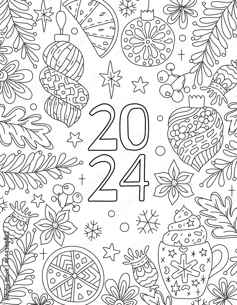 Hand drawing coloring page for kids and adults. Holiday greeting card ...