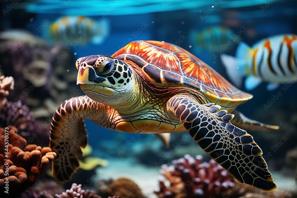 Beautiful turtle swimming among fishes in blue water of ocean ...