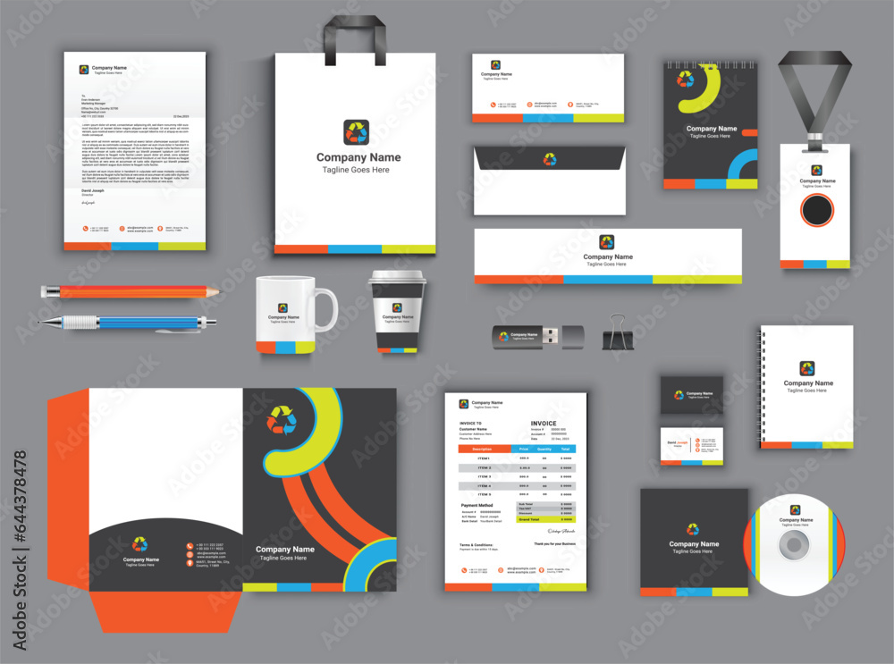 office business colorful stationary set in black white color vector ...