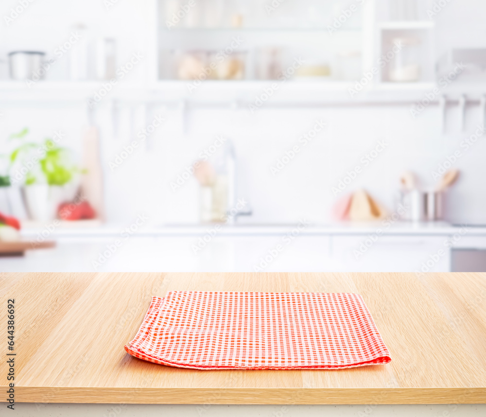 Fabric,cloth on wood table top on blur kitchen counter (room)background ...