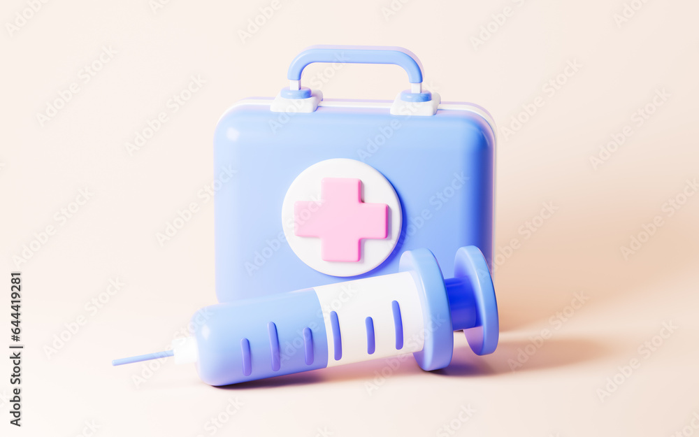 Cartoon medical kit and injection syringe in the orange background, 3d ...