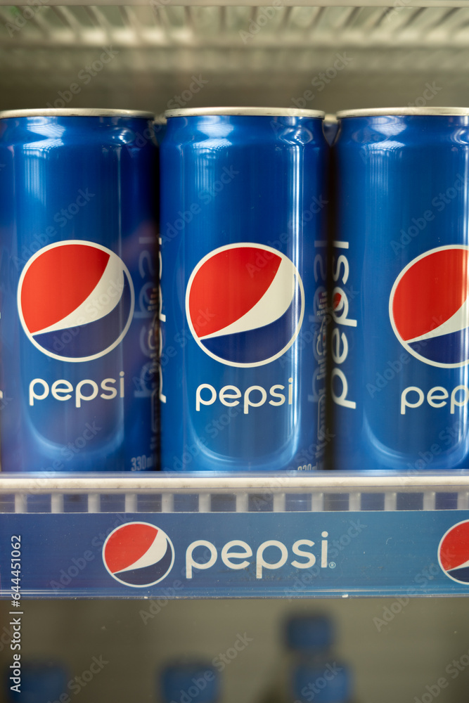 Odessa, Ukraine. August, 25 2023. PepsiCo rack with various Pepsi ...