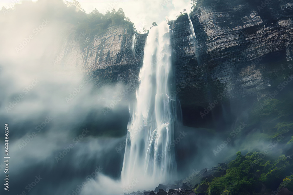 Scenery of a large waterfall falling down from a high cliff with mist ...