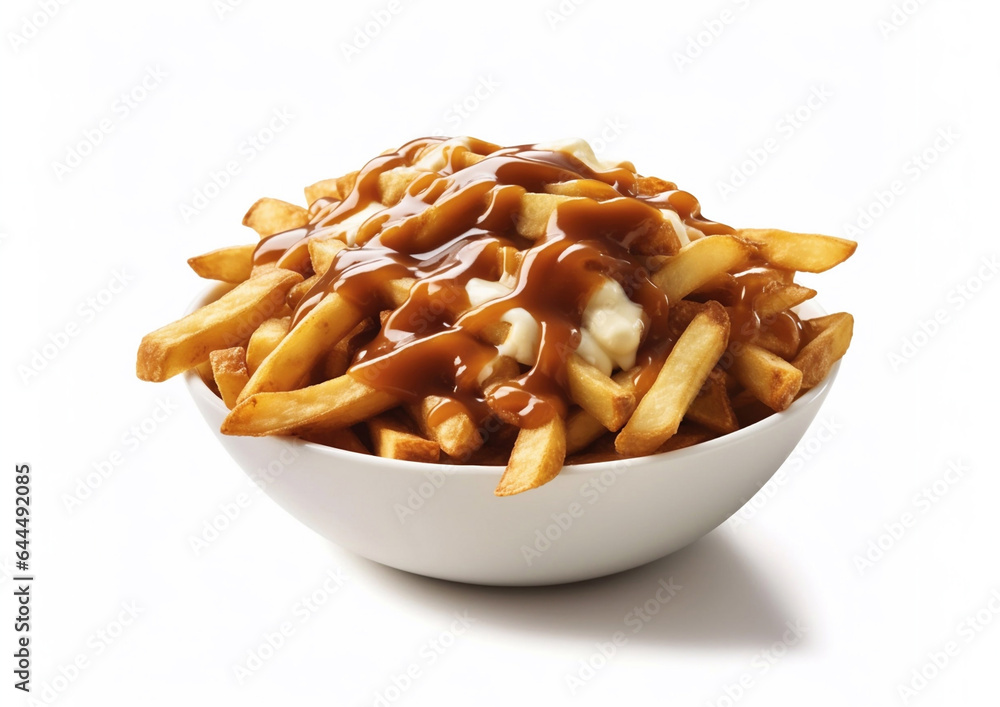Poutine snack with fries and cheese and gravy sauce topping on white ...