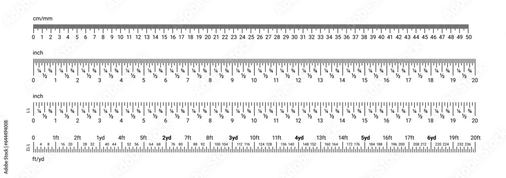 Inch and metric rulers. Centimeters, inches and foot, yard and ...