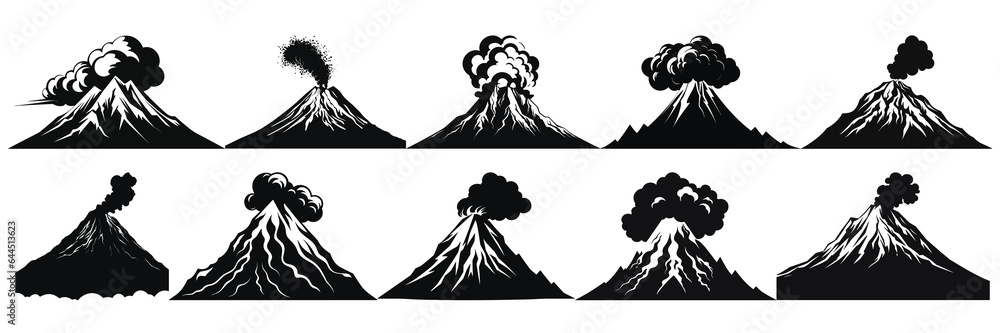 Volcano silhouettes set, large pack of vector silhouette design ...