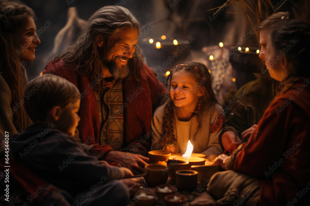 A family gathers for a winter solstice celebration, embracing the ...