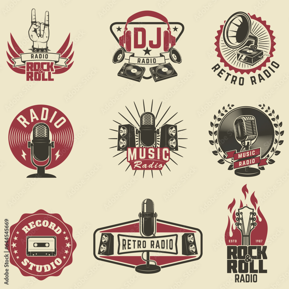 Radio labels. Retro radio, record studio, rock and roll radio emblems ...