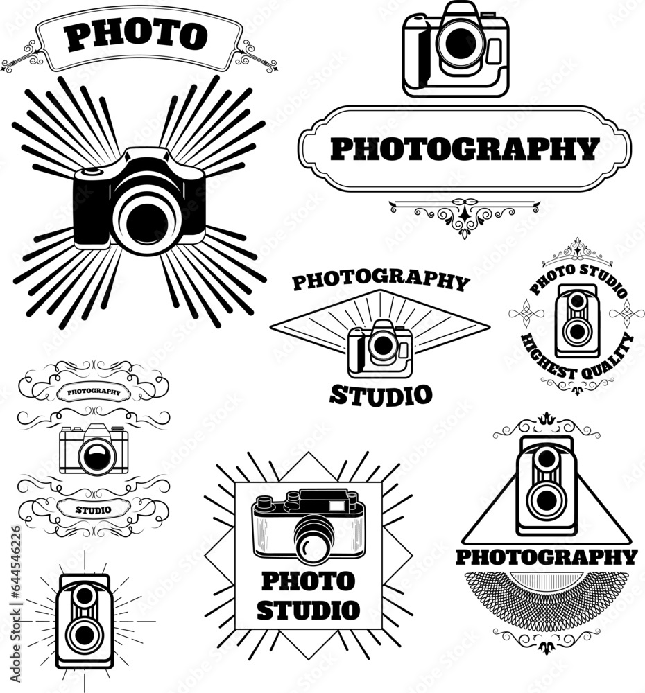 Set of vintage photo studio labels and emblems. Design element for logo ...