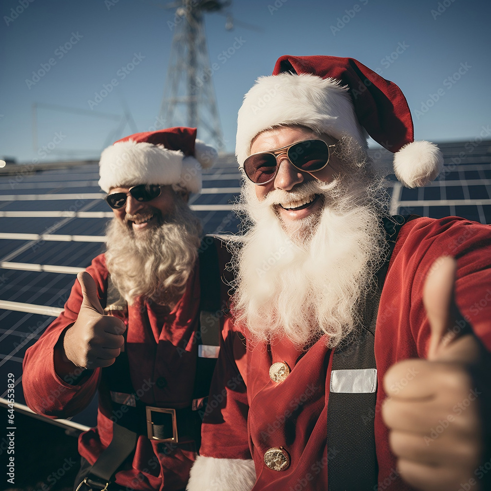 Santa Claus taking a selfie with renewable energy engineers in front of ...