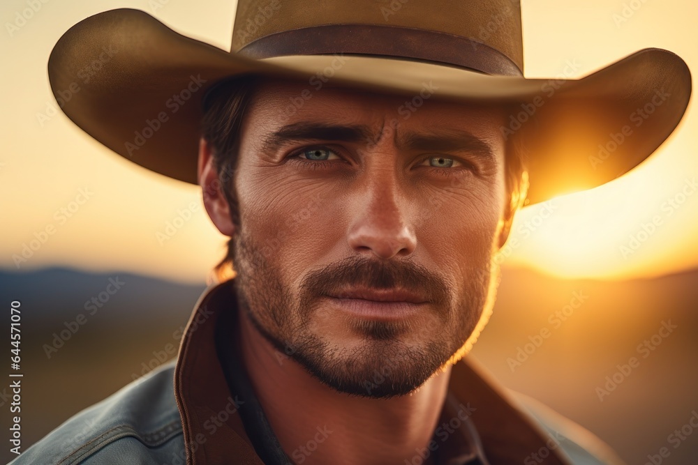 Portrait of cowboy in hat. Wild west guy look at camera, blurred sunset ...