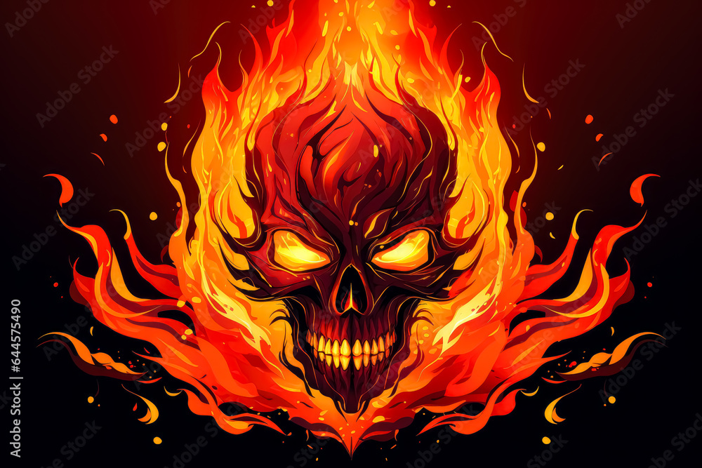 Skull ghost and demonic flames, in the style of 2d game art, intense ...