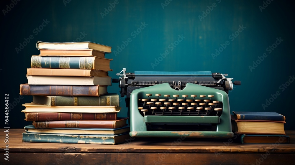 Antique desk in the library with old vintage typewriter and stack of books. Classic and retro ...