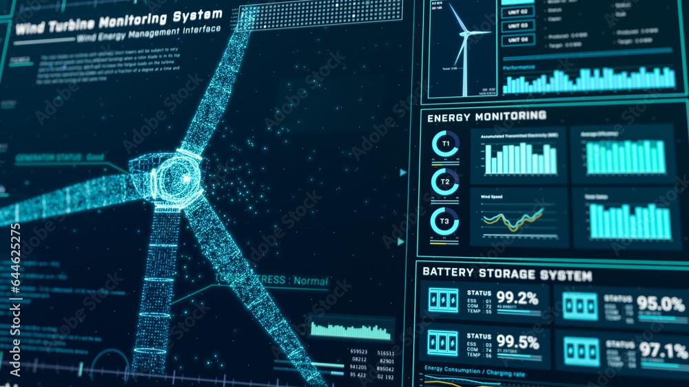 Futuristic wind turbine energy control center interface design, digital ...