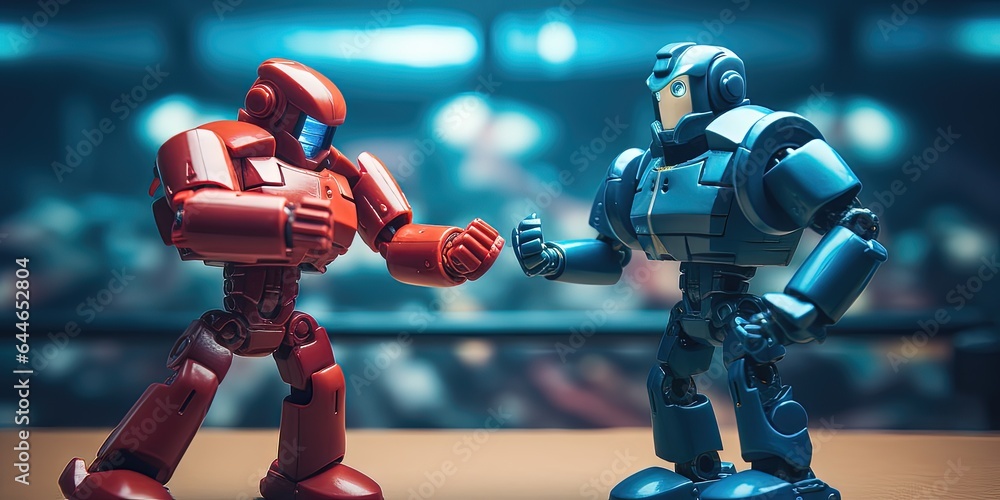 Red robot fighting blue robot in a boxing ring arena with blurred ...