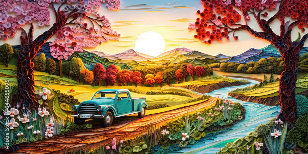 Paper quilling illustration of a car in the countryside Stock ...