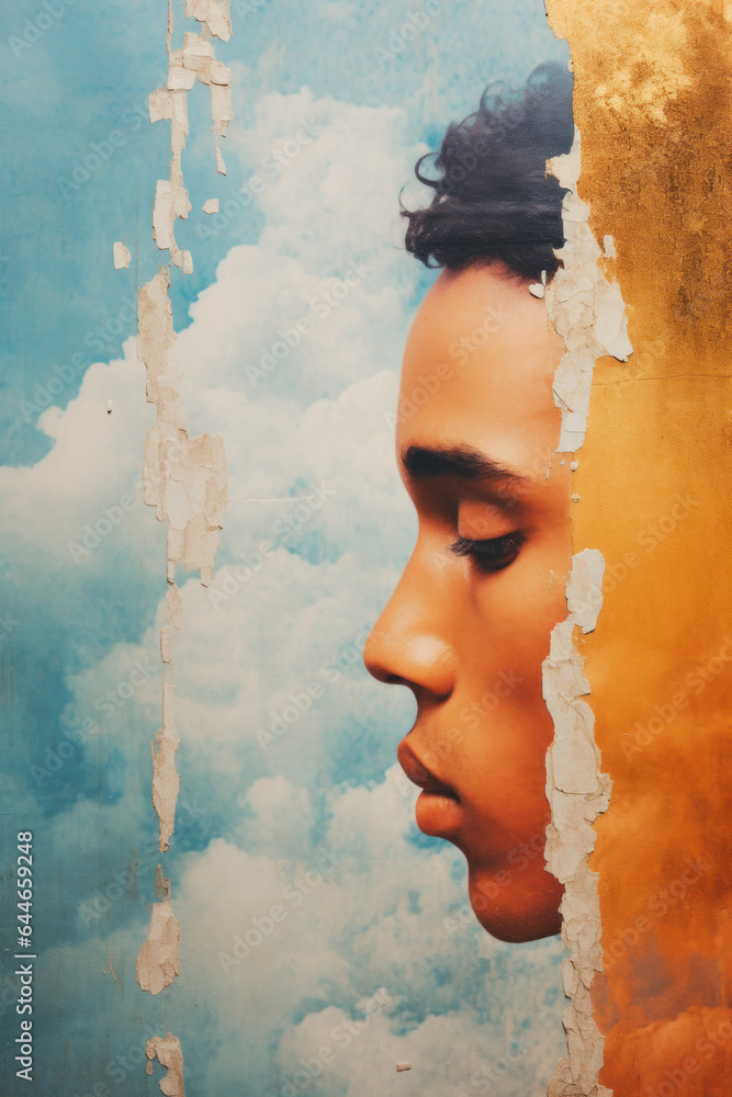 collage of a brown-skinned Mexican young man half hidden by scraps of ...