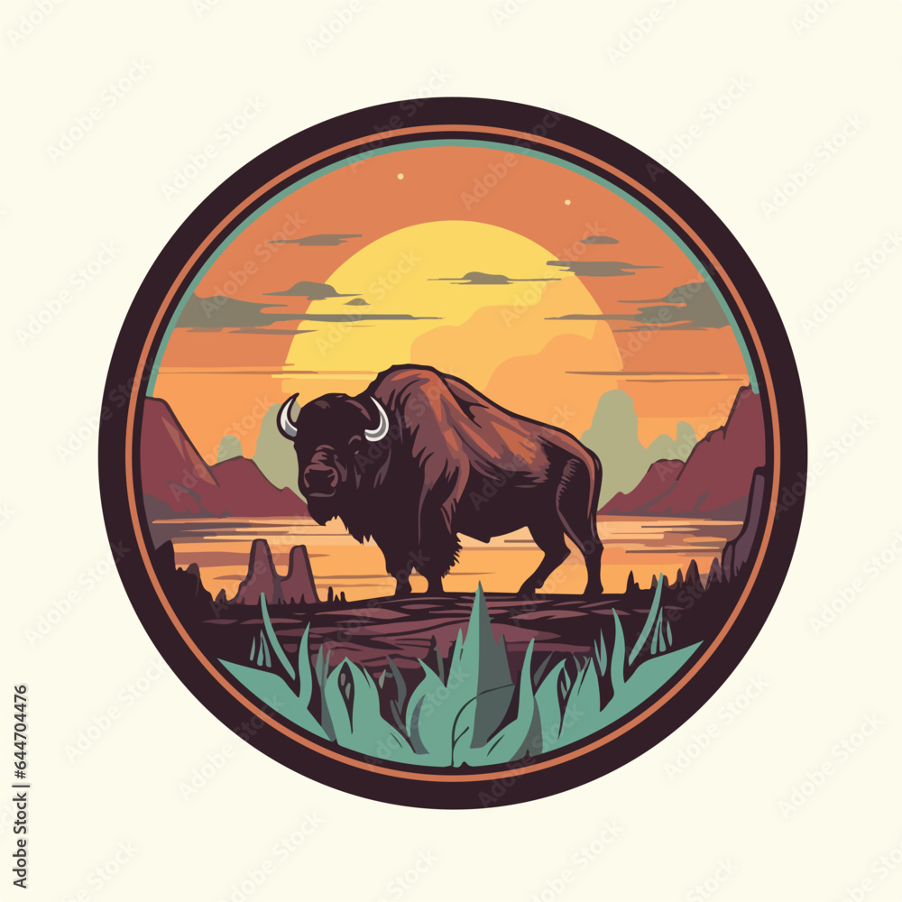 Vintage retro hand drawn style Vector logo badge of big horn bison bull ...