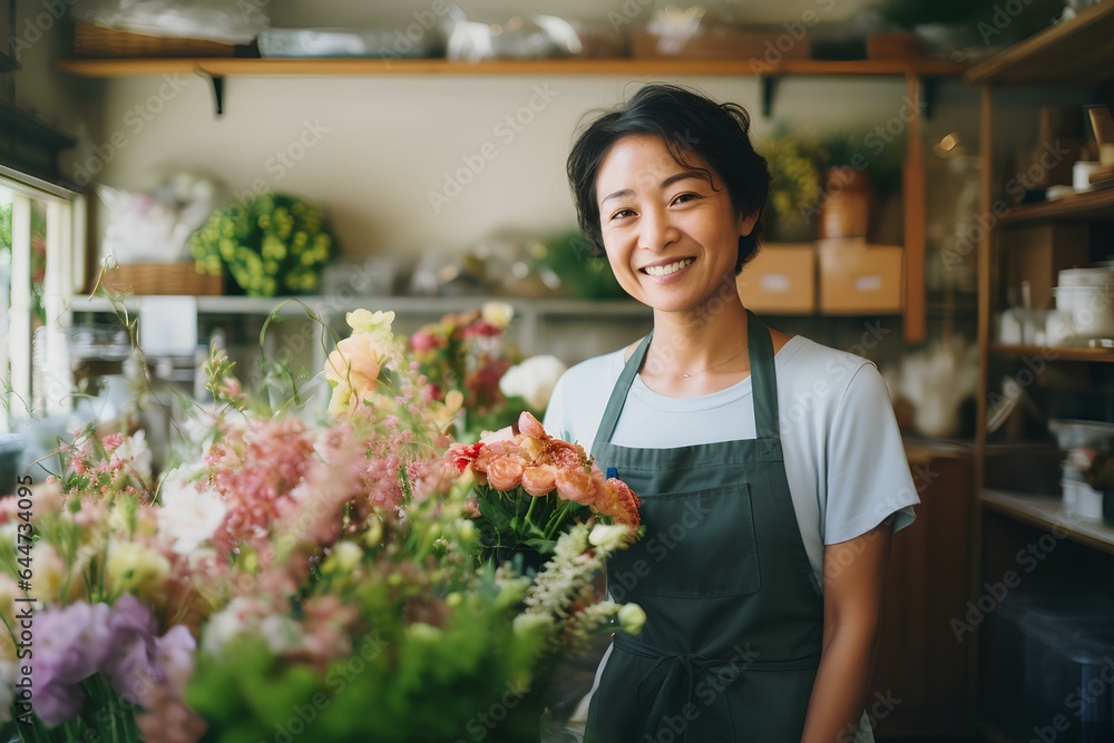 Happy japanese flower shop owner smiling as she achieves success in her ...