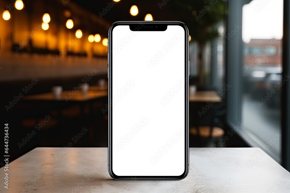 Smartphone with transparent cut out placed on a Restaurant table ...