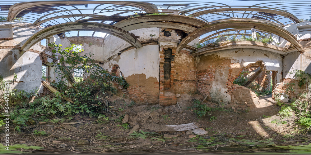 360 hdri panorama inside abandoned ruined bushy concrete decaying old ...