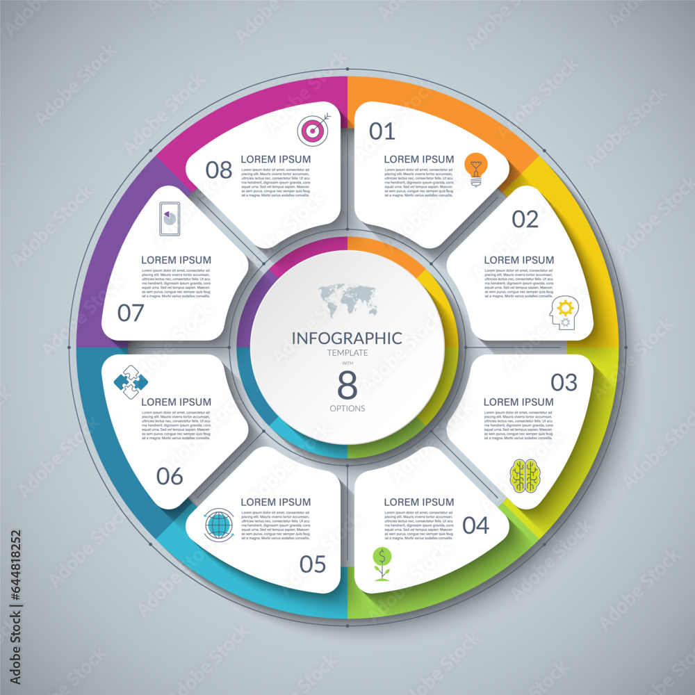 Infographic circle with 8 options, parts. 8-step cycle diagram for ...