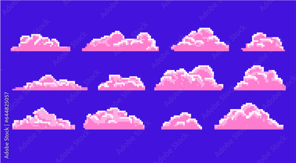 pink cloud pixel. Pixel cloud landscape, cloudy pink masses on a blue ...